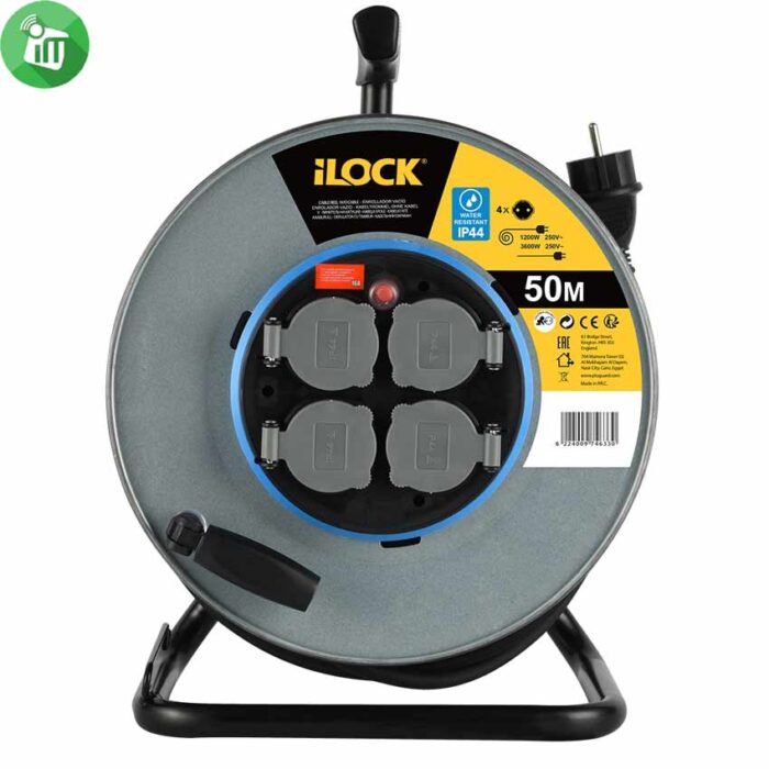 iLock Power Metal Cable Reel 4 Schuko Sockets Extension 50M